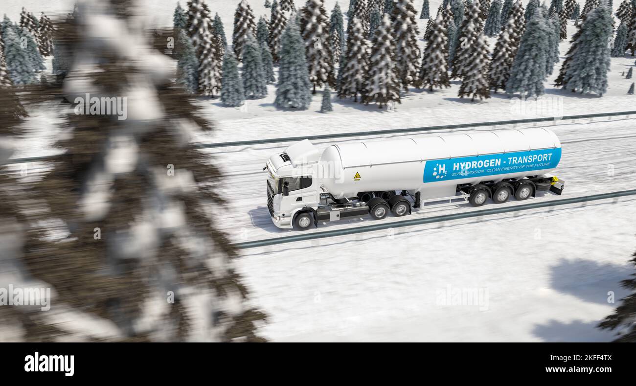 Truck with Hydrogen gas tank trailer on the winter road. New Energy ...