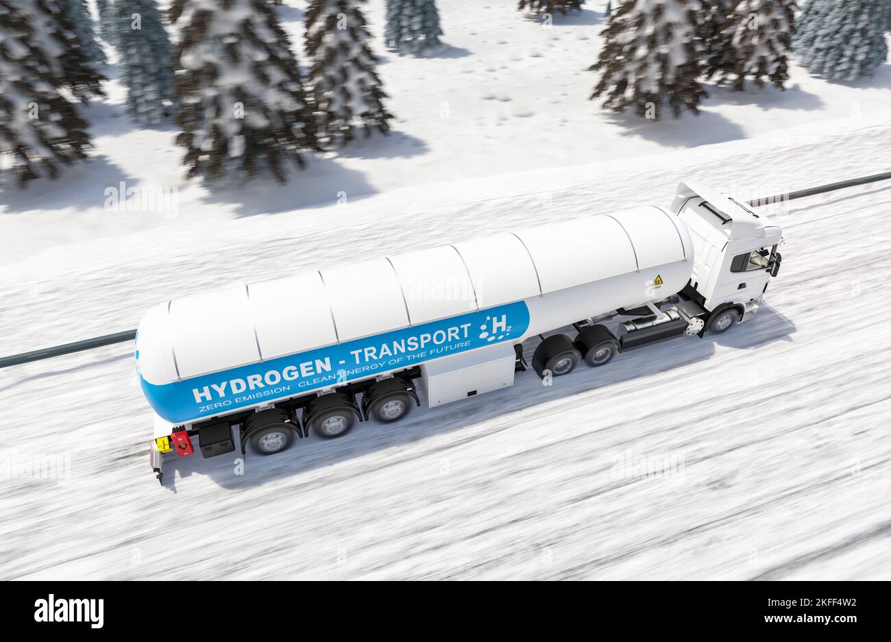 Hydrogen gas tank trailer truck on the winter road. New Energy Hydrogen ...