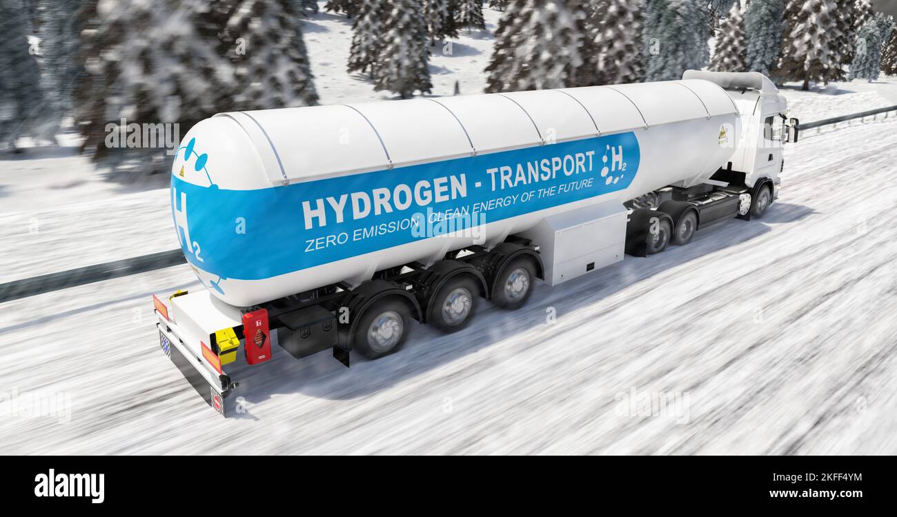 hydrogen truck on the snowy winter road driving. h2 combustion Truck ...