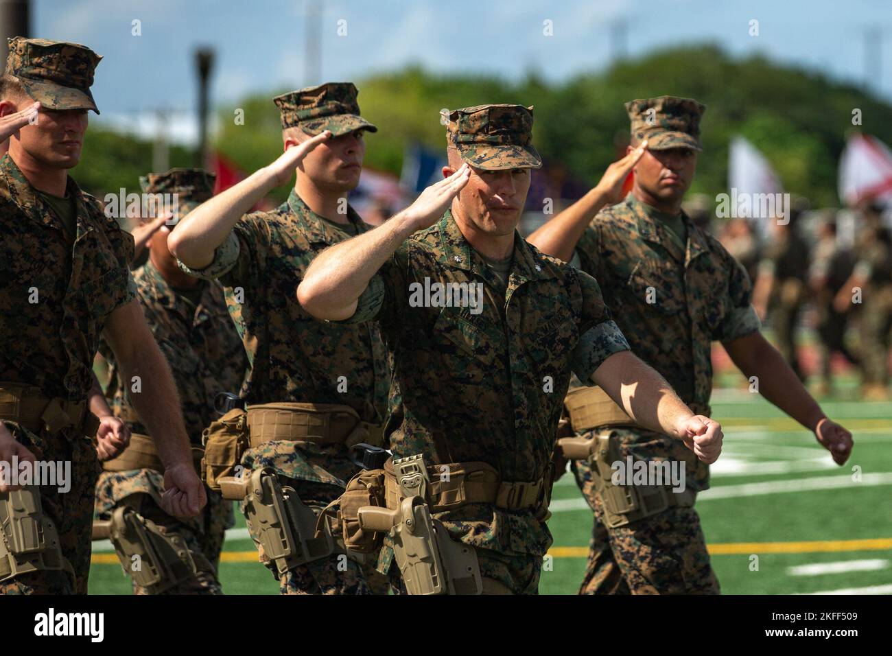 U.S. Marines with 3d Marine Division pass in review during a battle ...