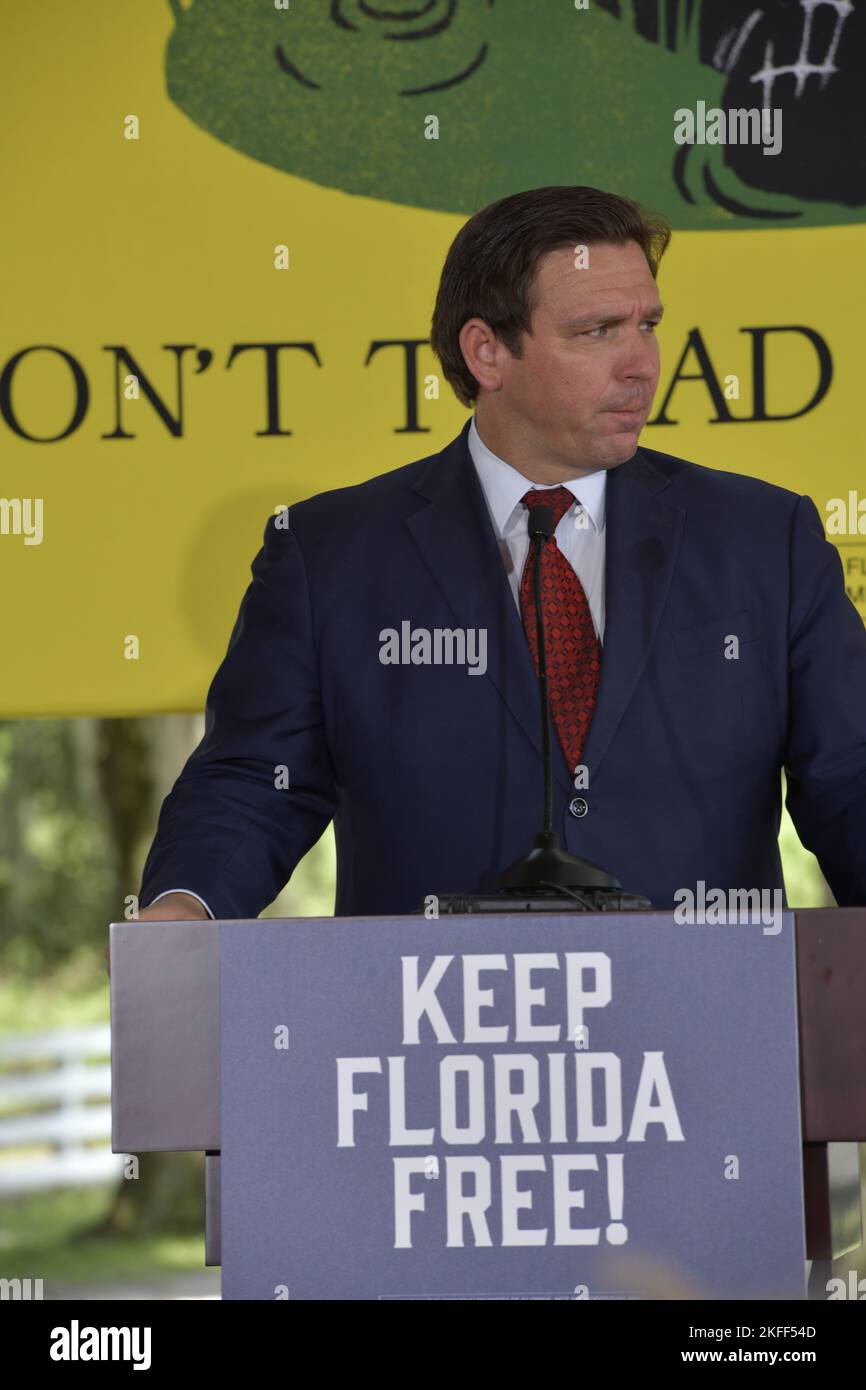 A vertical shot of Ron DeSantis during a political speech in Oviedo, FL ...