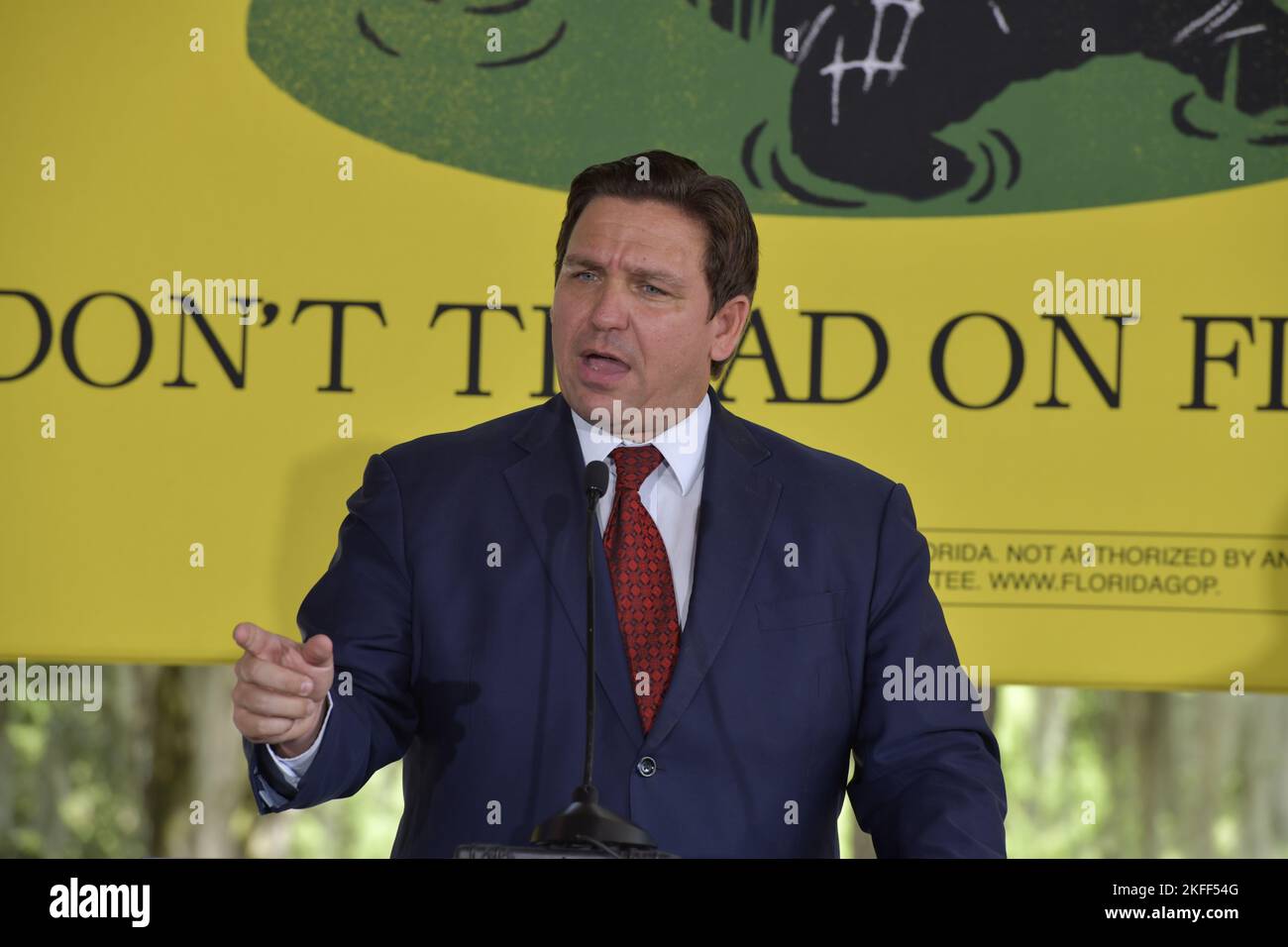 A closeup shot of Ron DeSantis during a political speech in Oviedo, FL ...