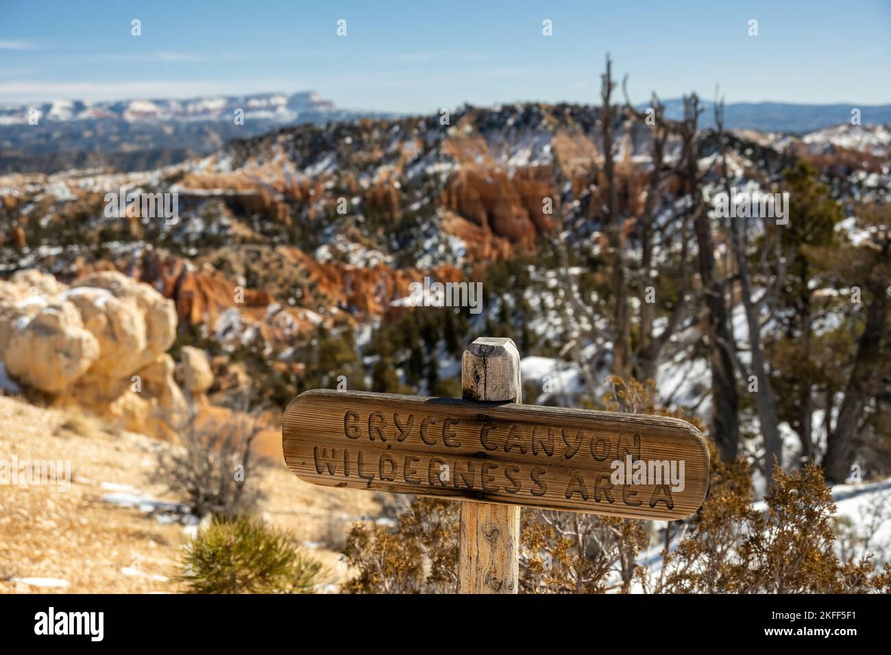 Bryce Canyon Wilderness Area Sign Over Snowy Amphitheater in Utah park ...