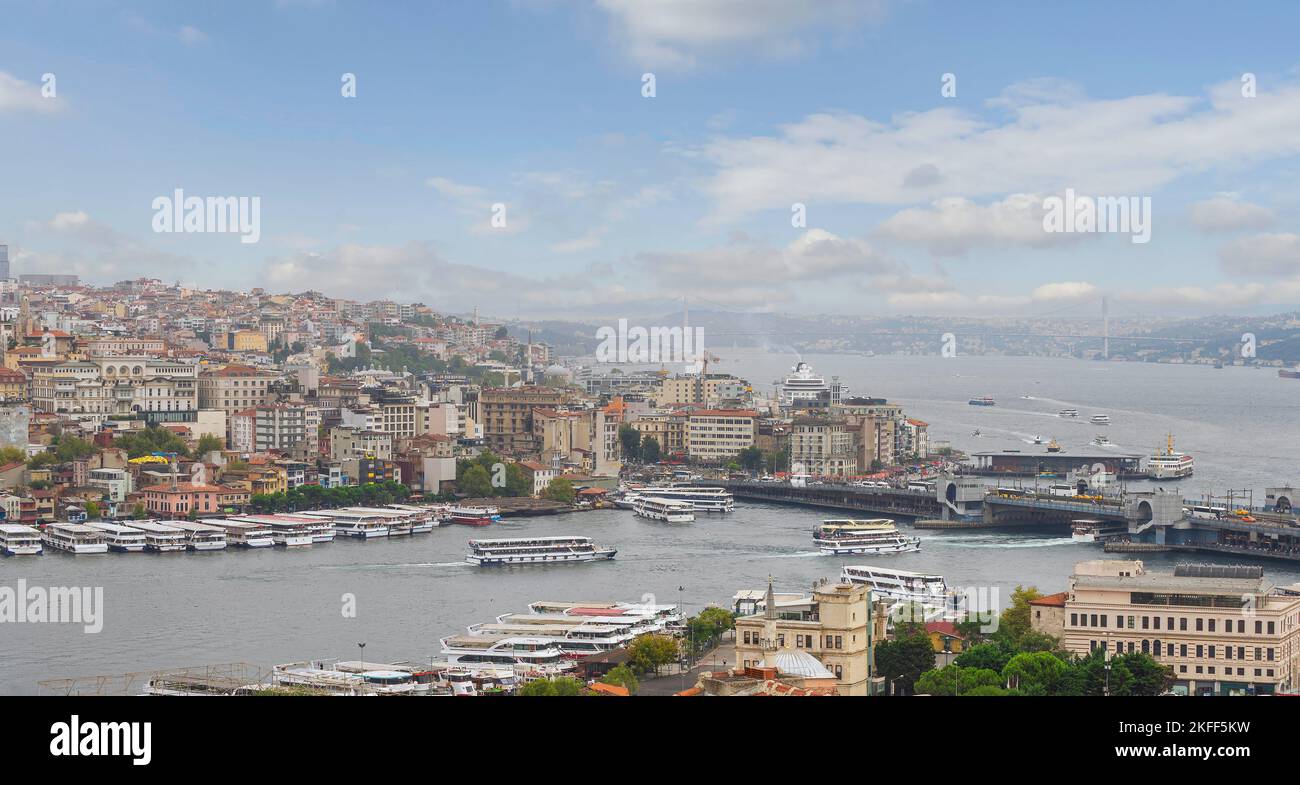 Aerial view of Golden Horn, with Galata Bridge and Karakoy Ferry ...