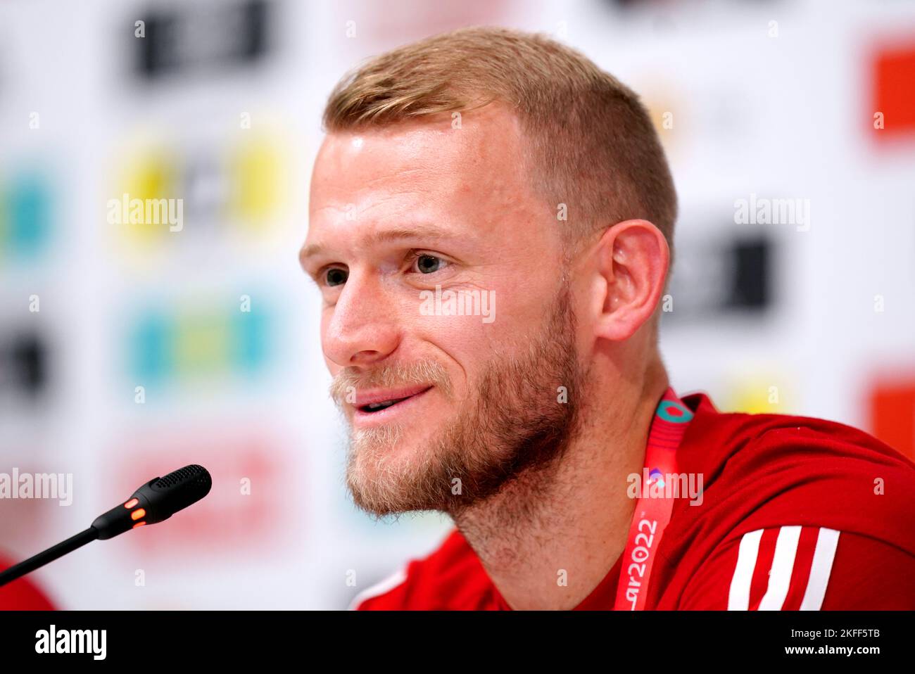 Wales goalkeeper Adam Davies during a press conference at the Al Sadd ...