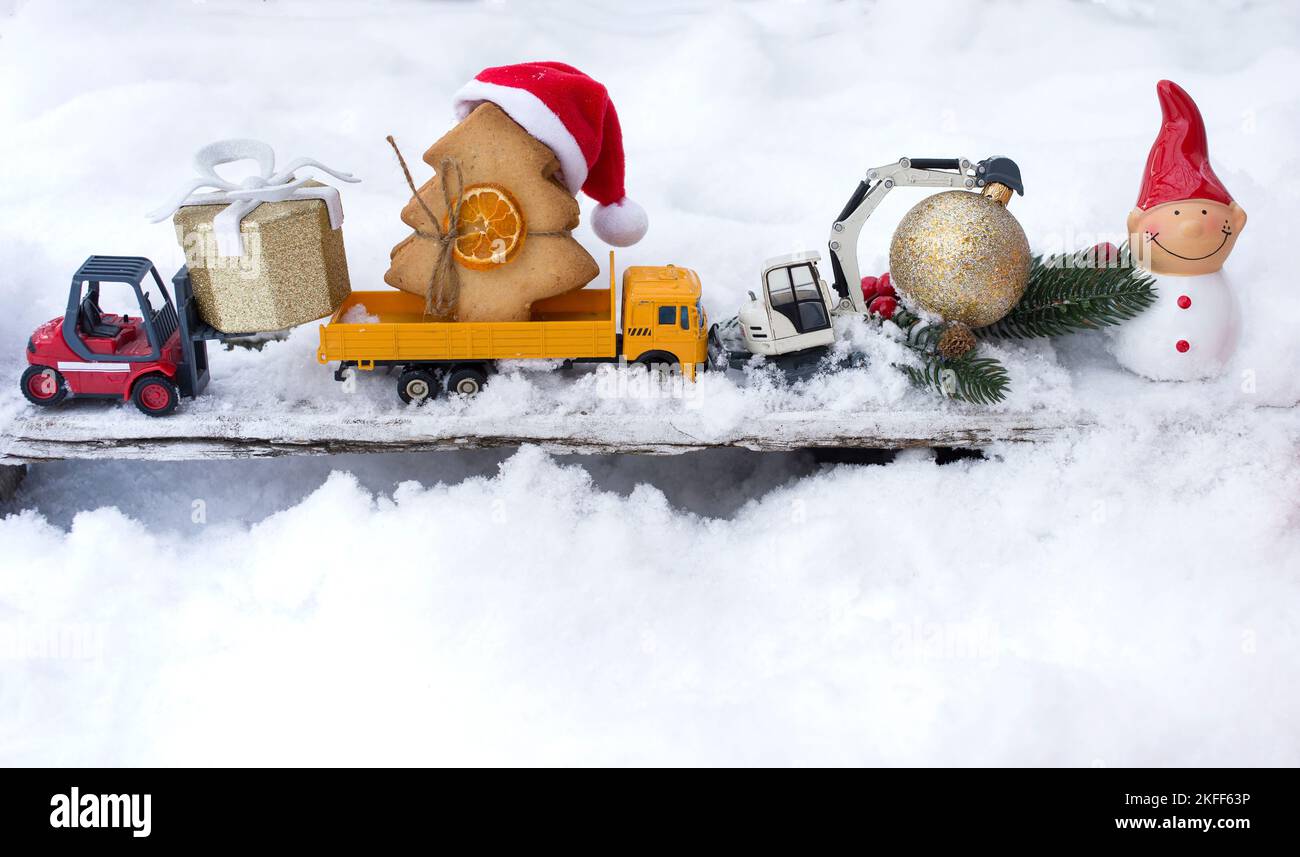 model of toy metal excavator, truck, warehouse loader, souvenir snowman ...
