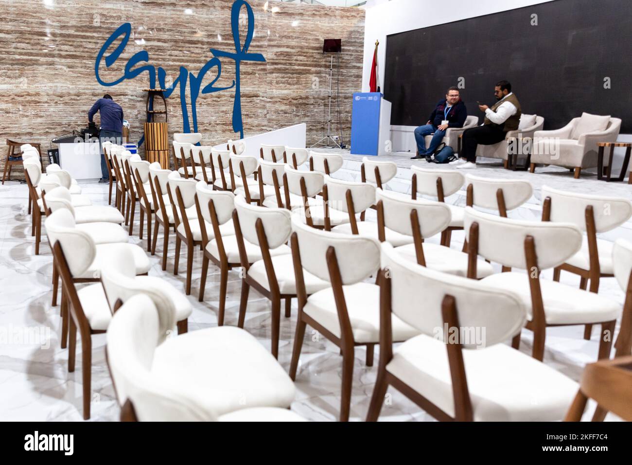 Empty chairs and technical staff are seen in Egypt Pavilions on the ...