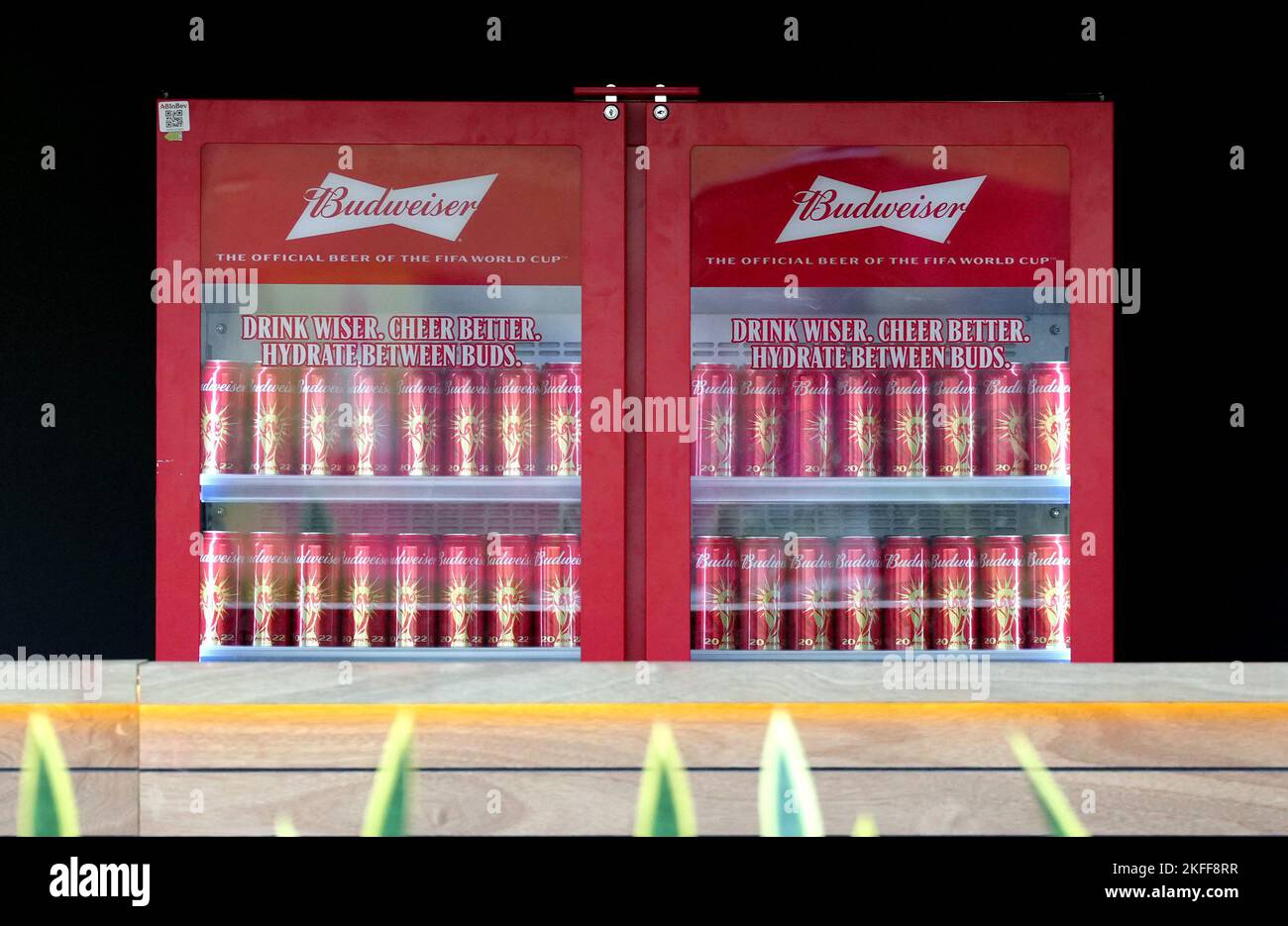 Cans of Budweiser beer are displayed at the World Cup main media center ...