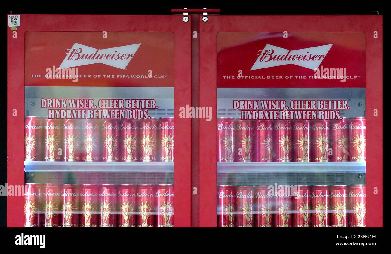 Cans of Budweiser beer are displayed at the World Cup main media center ...