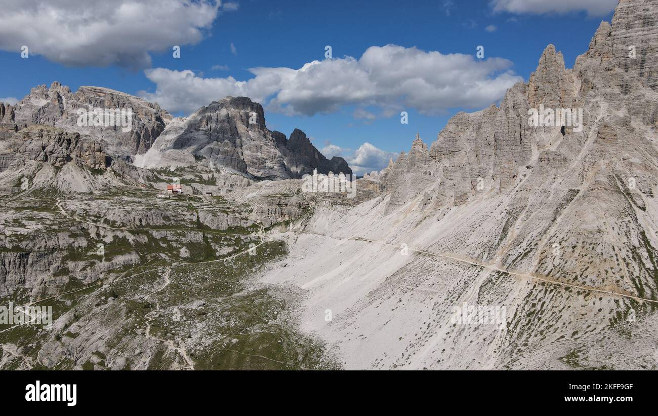 An aerial view of Tre Cime di Lavaredo mountains in the Dolomites in ...