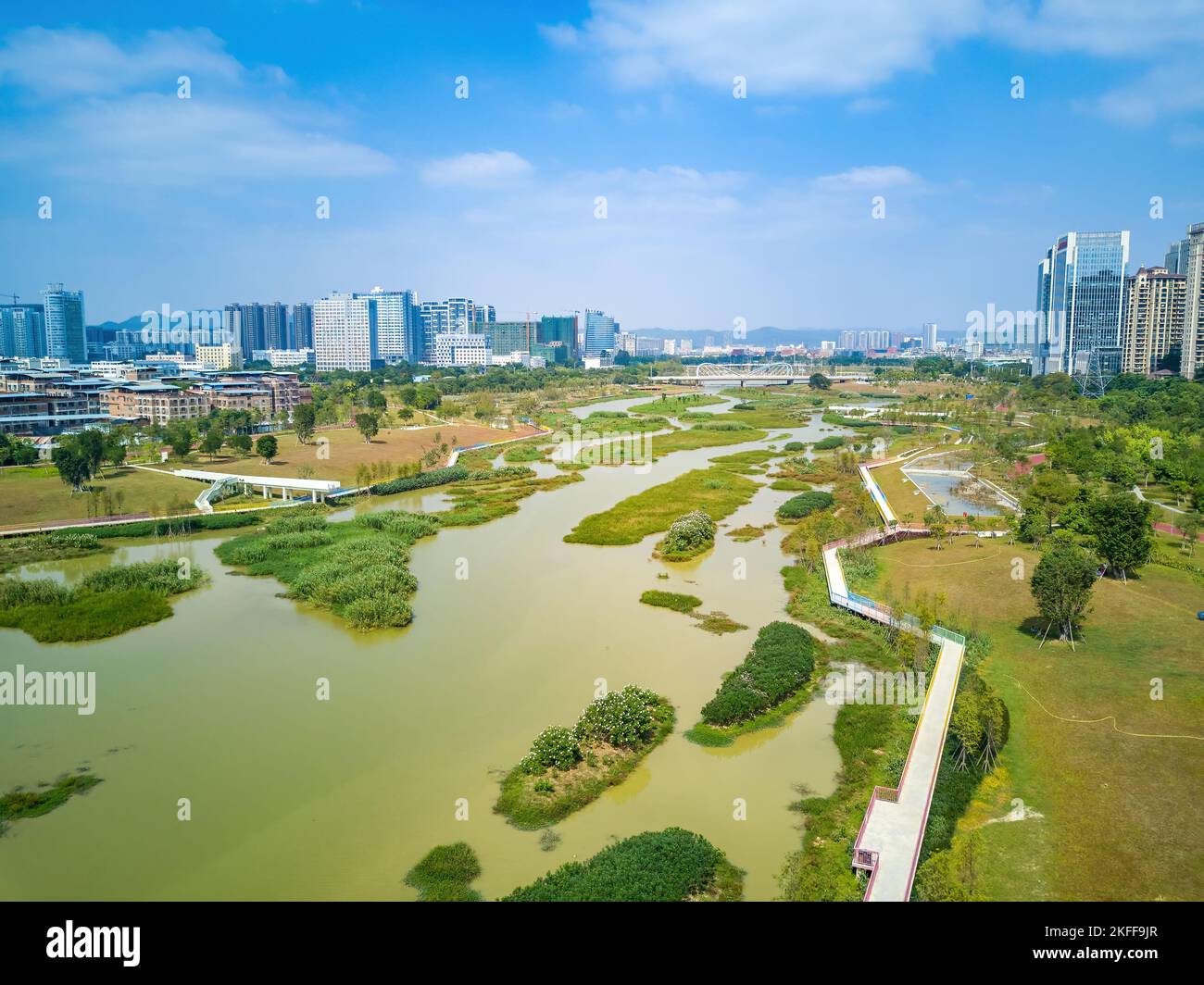 Aerial photography of a river swamp in a wetland park in a city Stock ...