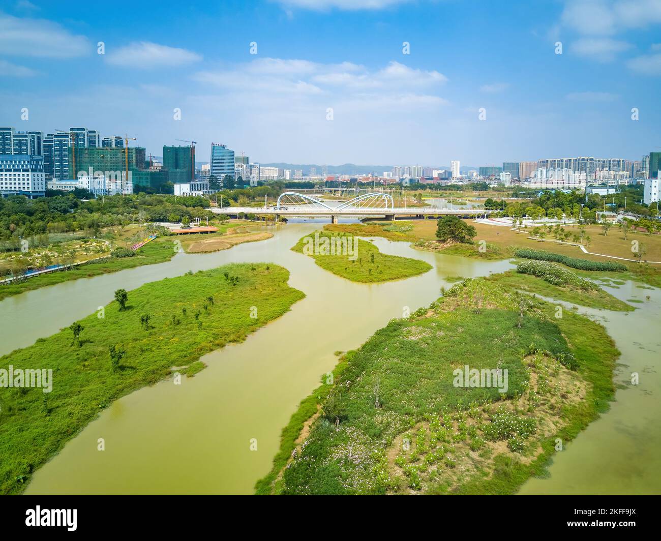 Aerial photography of a river swamp in a wetland park in a city Stock ...