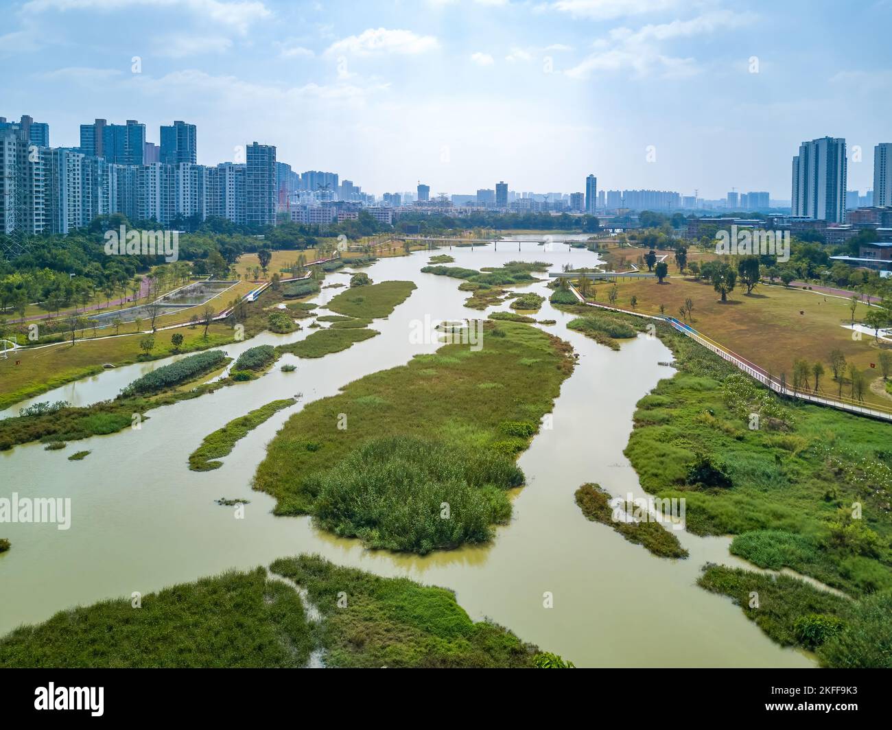 Aerial photography of a river swamp in a wetland park in a city Stock ...
