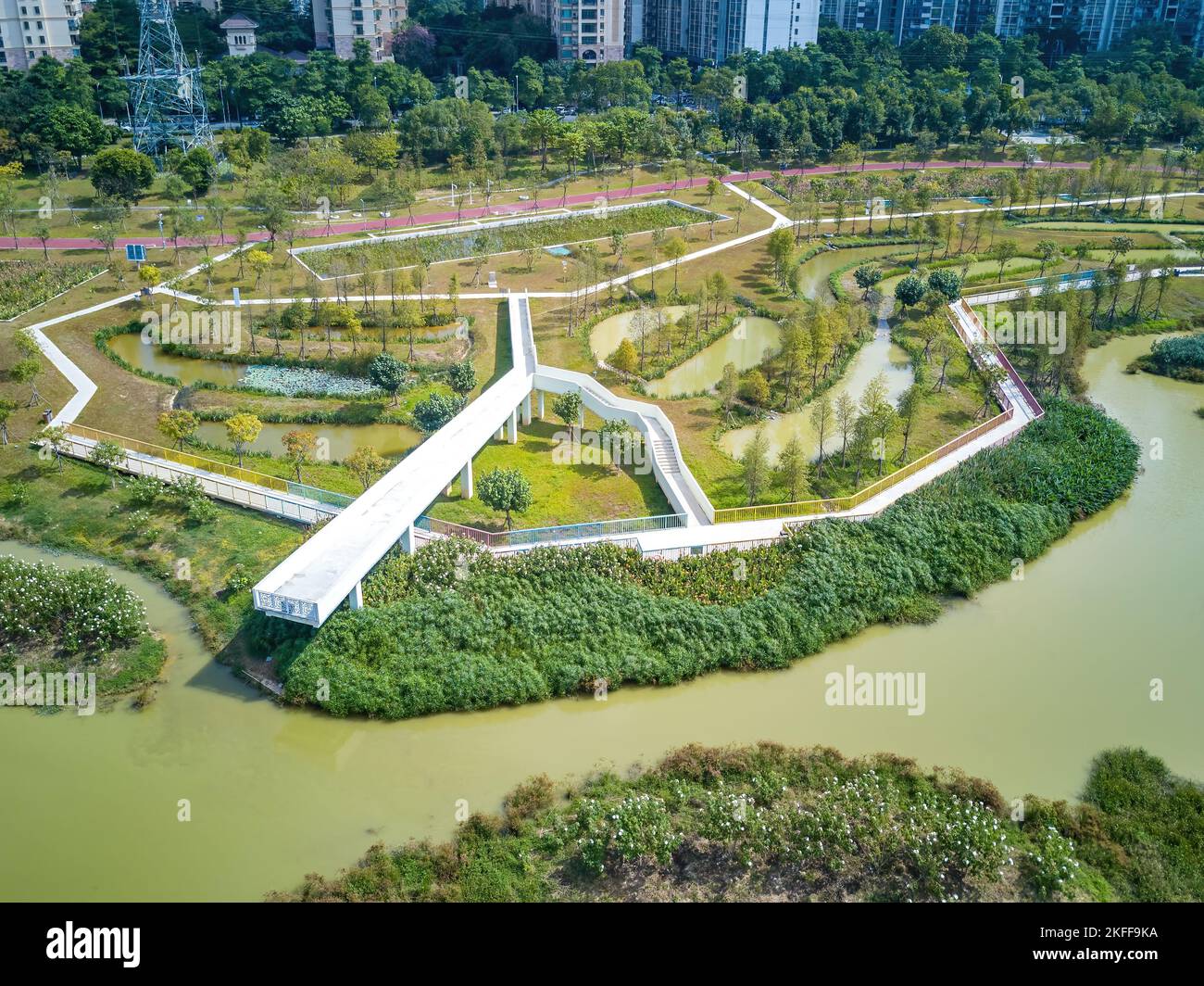 Aerial photography of a river swamp in a wetland park in a city Stock ...