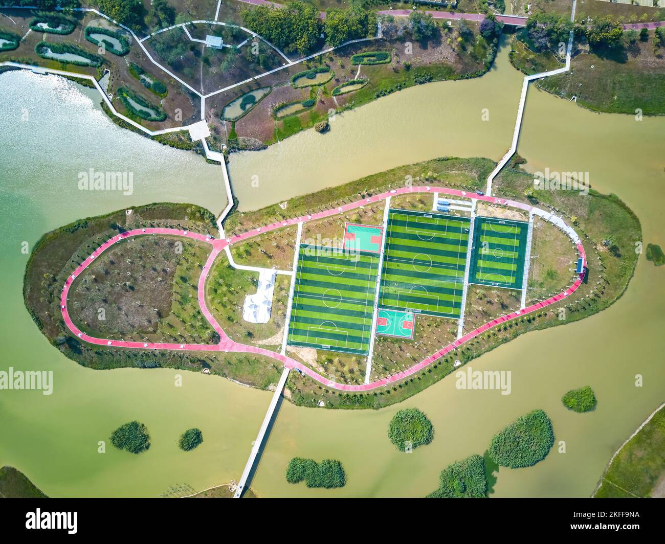 Aerial photography of the new football stadium located on the island in ...