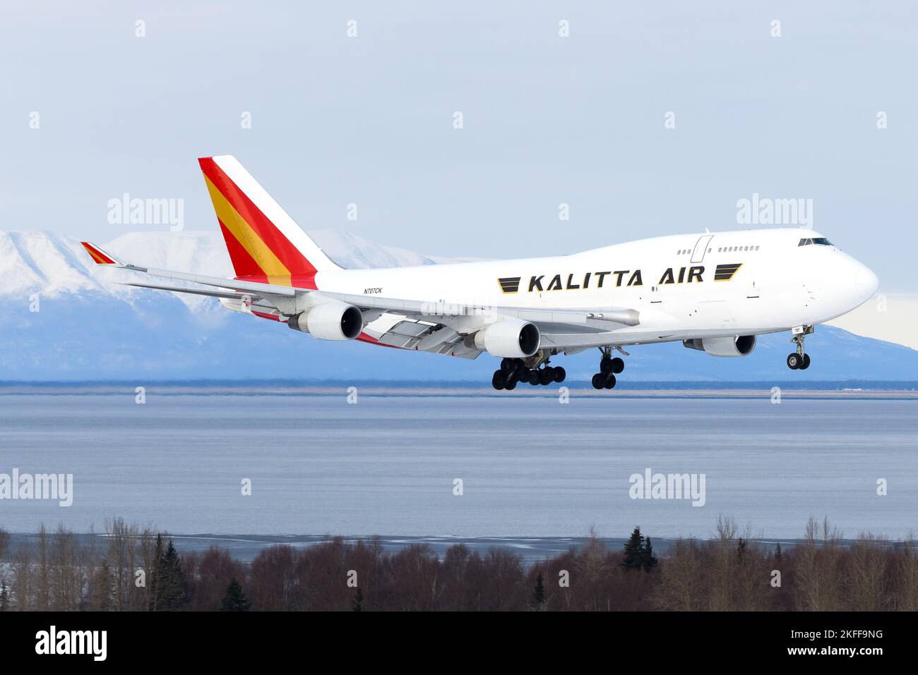 Kalitta Air Cargo Boeing 747 freighter aircraft landing. Large cargo ...