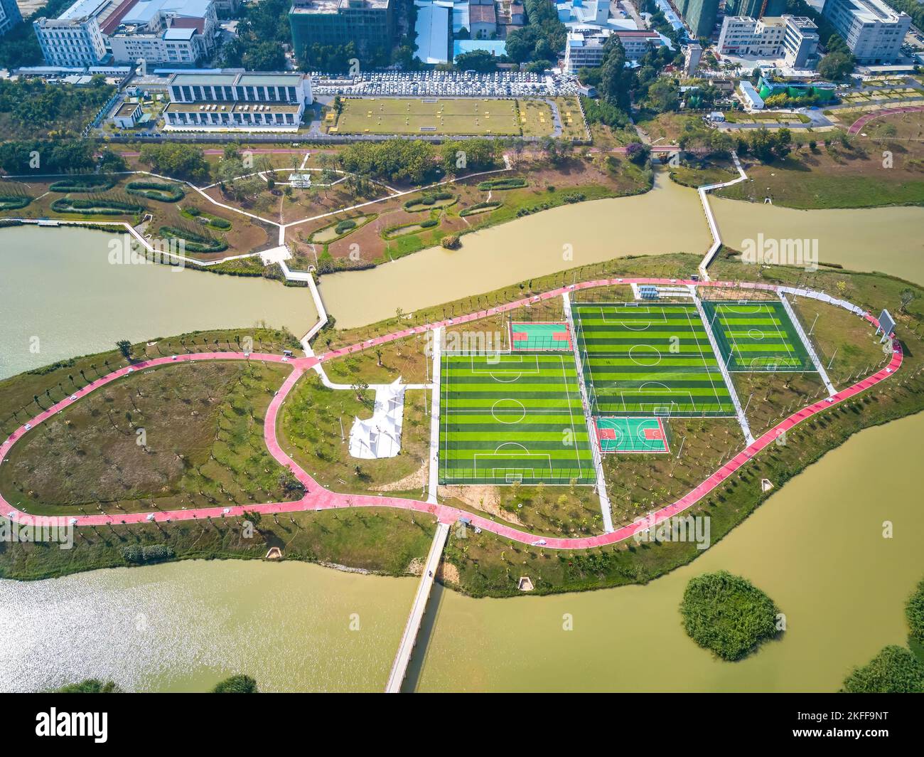 Aerial photography of the new football stadium located on the island in ...