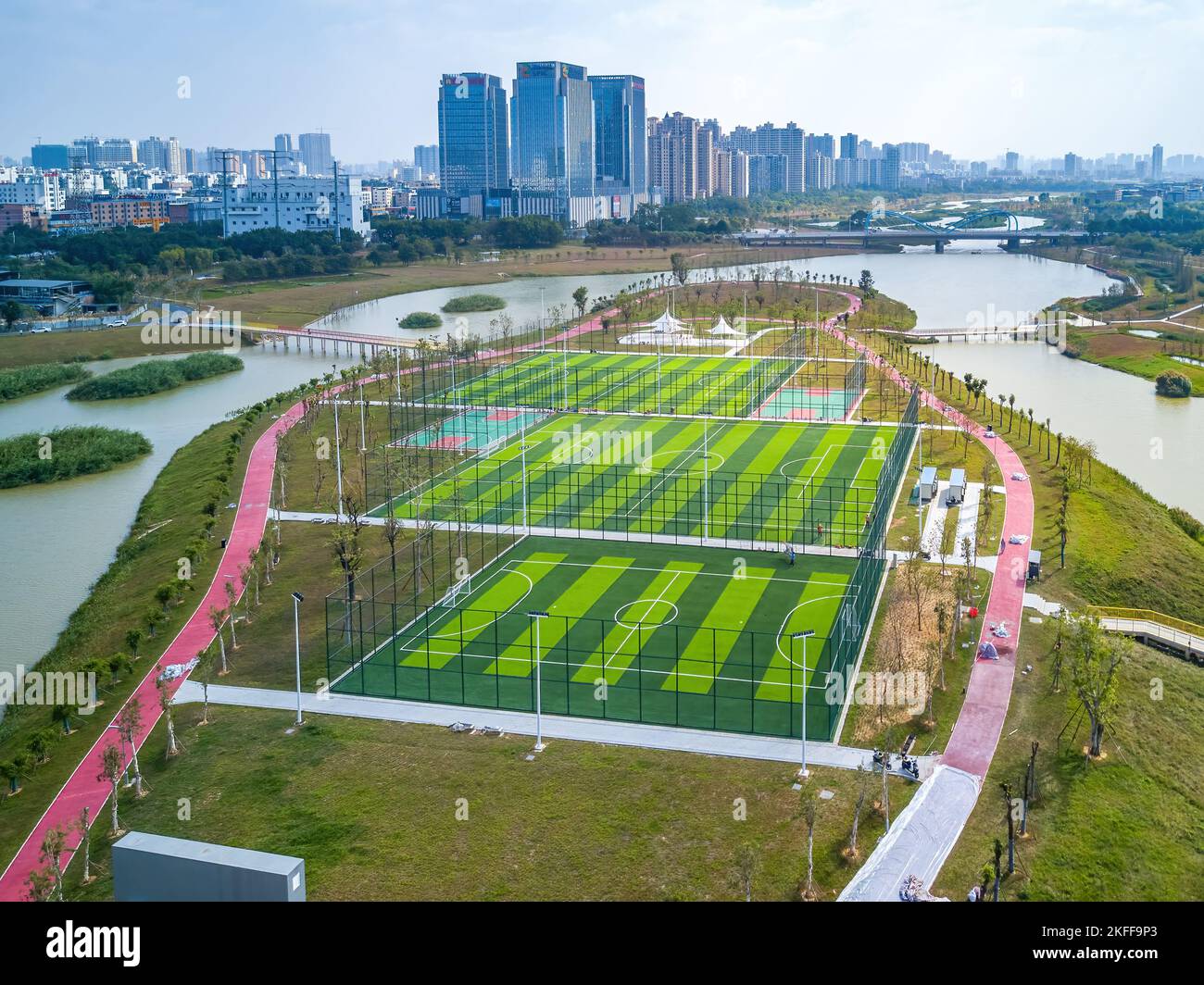 Aerial photography of the new football stadium located on the island in ...