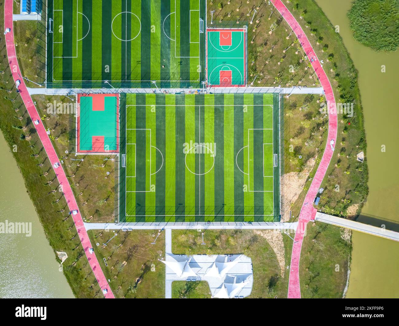 Aerial photography of the new football stadium located on the island in ...