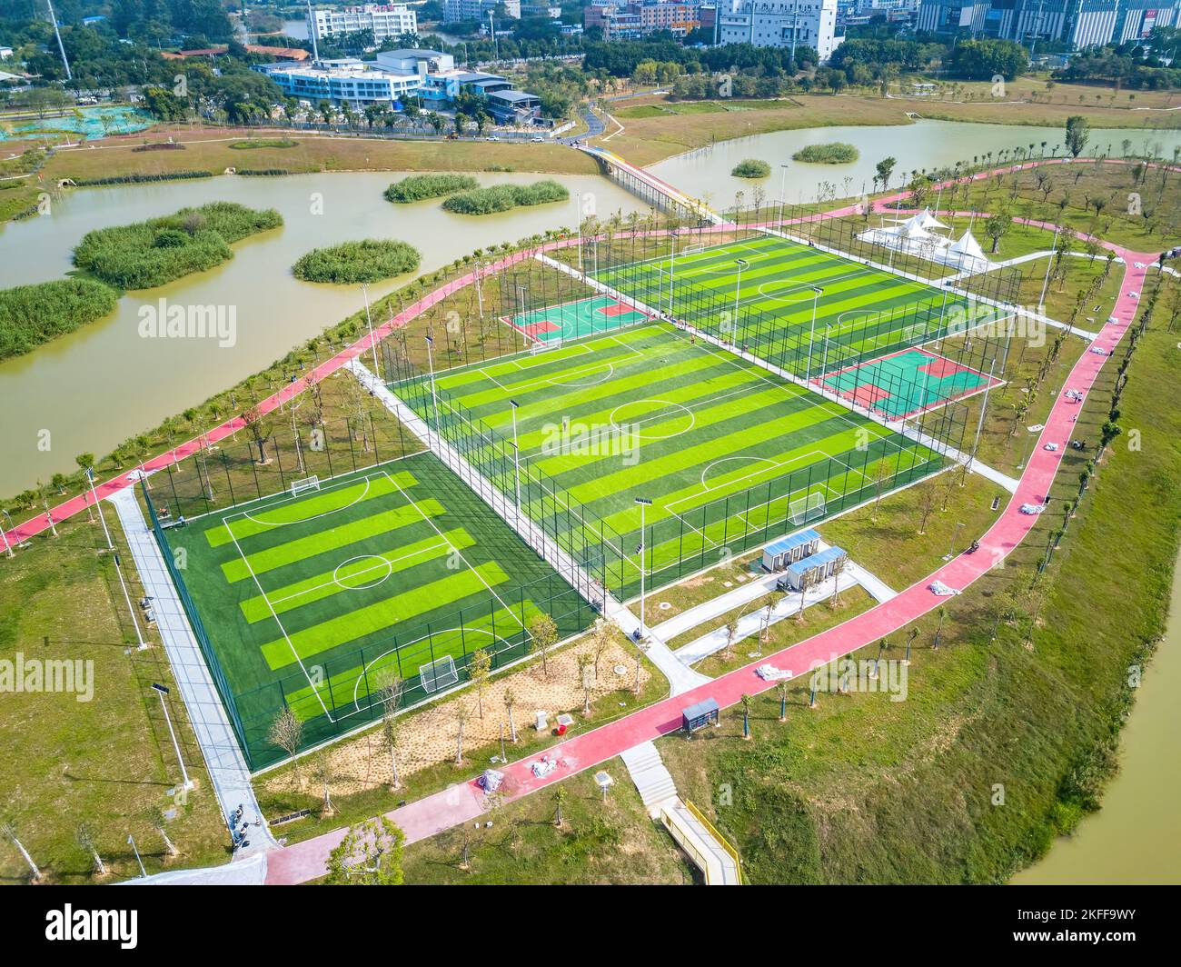 Aerial photography of the new football stadium located on the island in ...