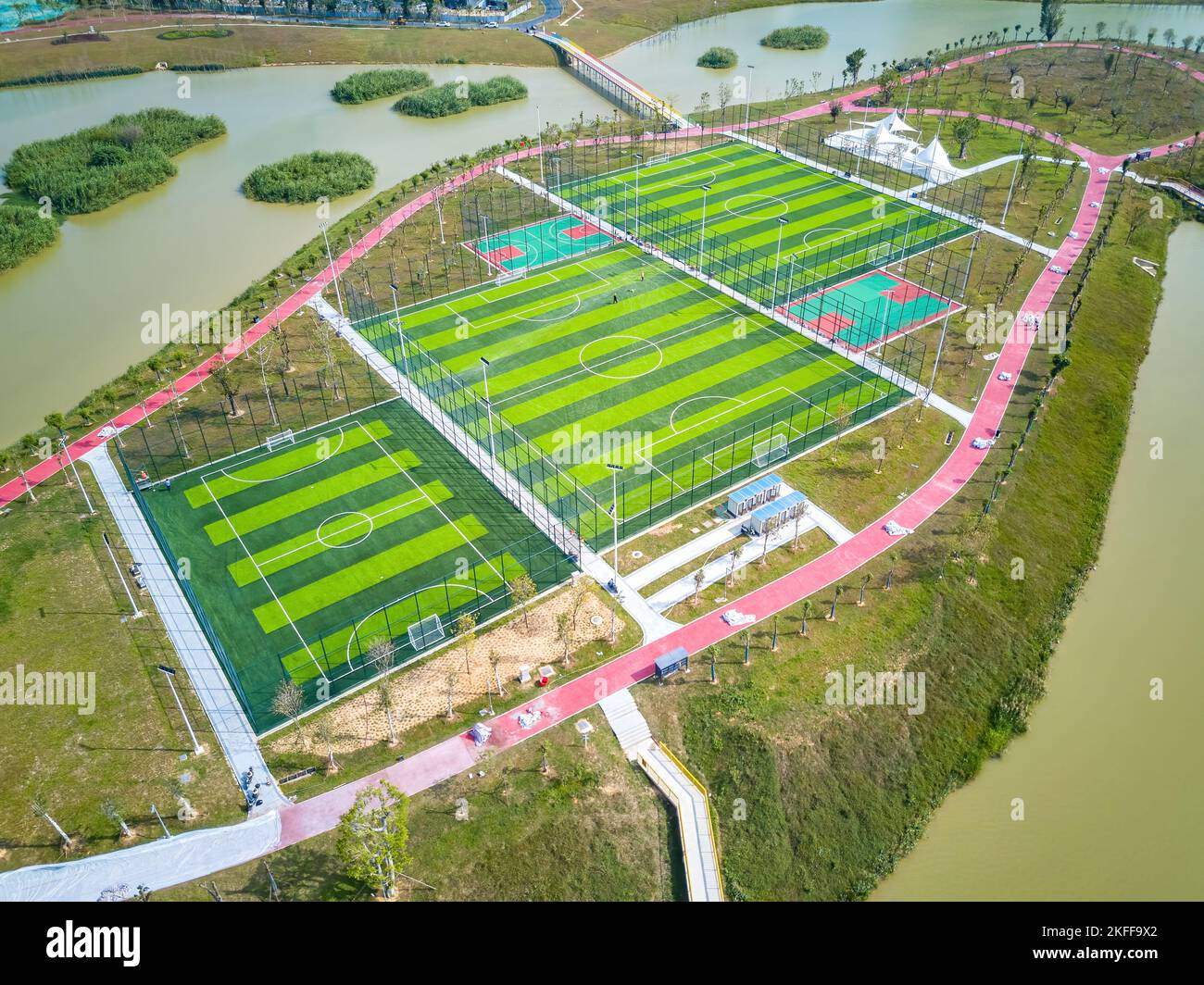 Aerial photography of the new football stadium located on the island in ...