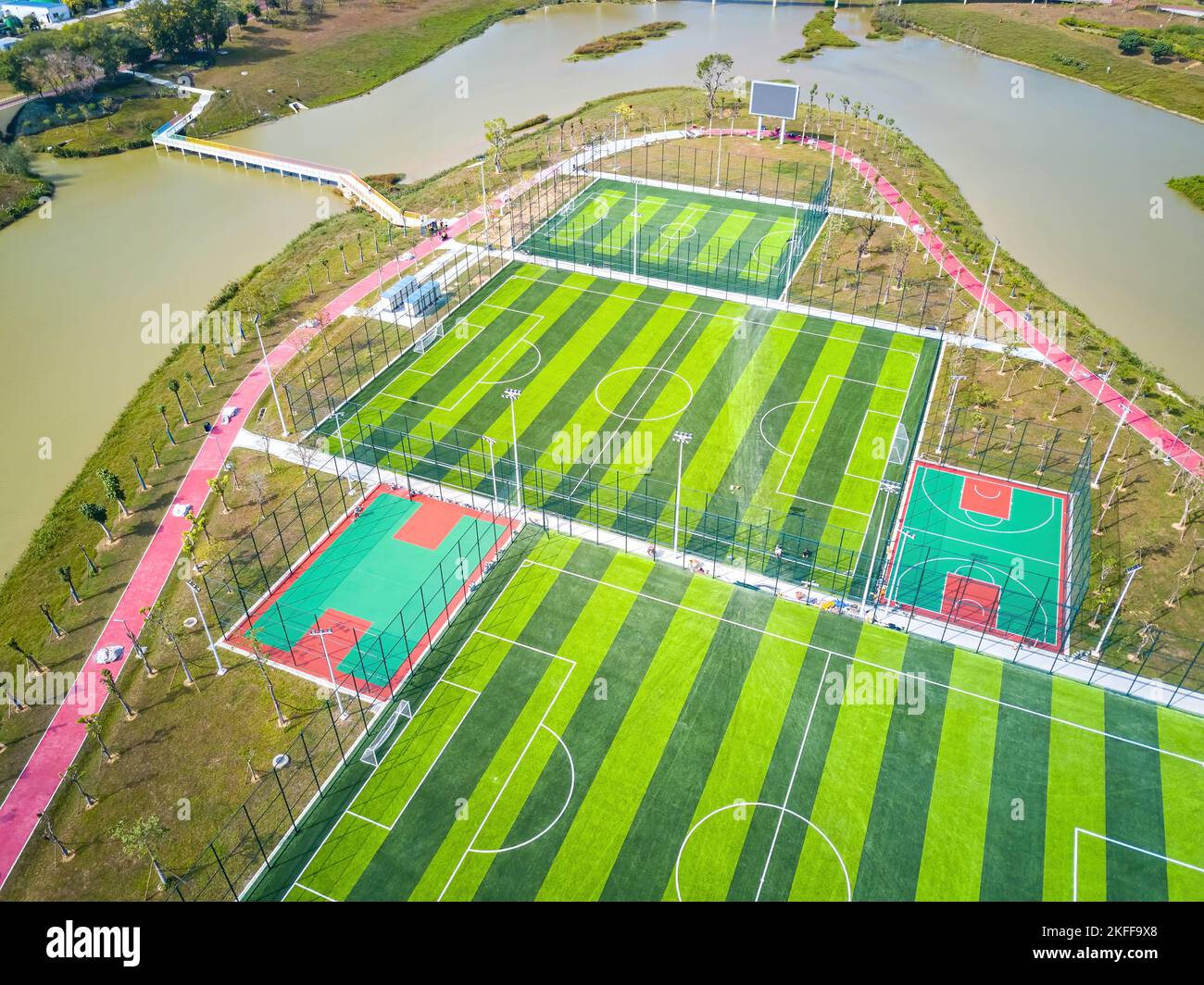 Aerial photography of the new football stadium located on the island in ...