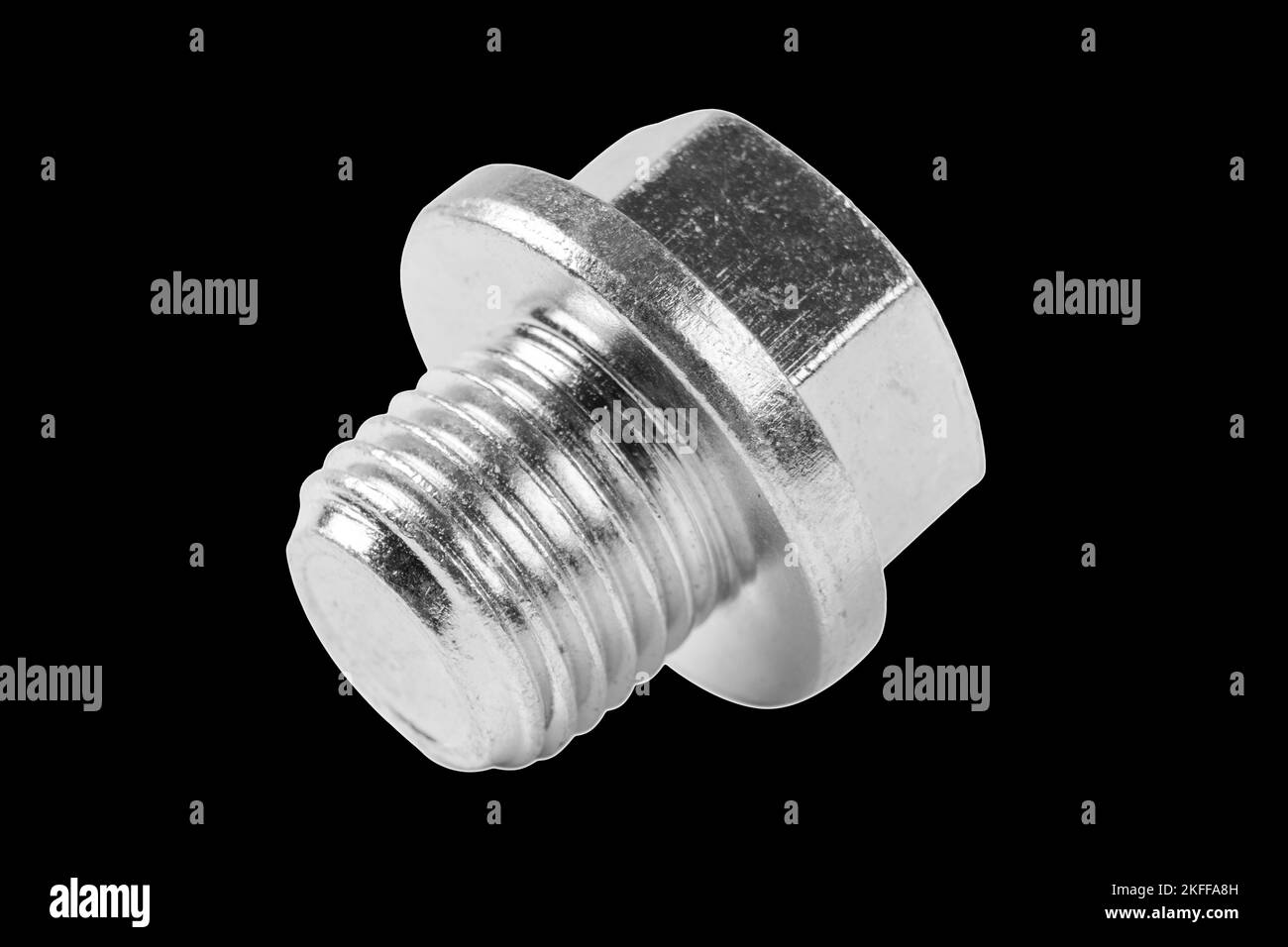 Macro shot metal bolt isolated on black background. Chromed screw bolt ...
