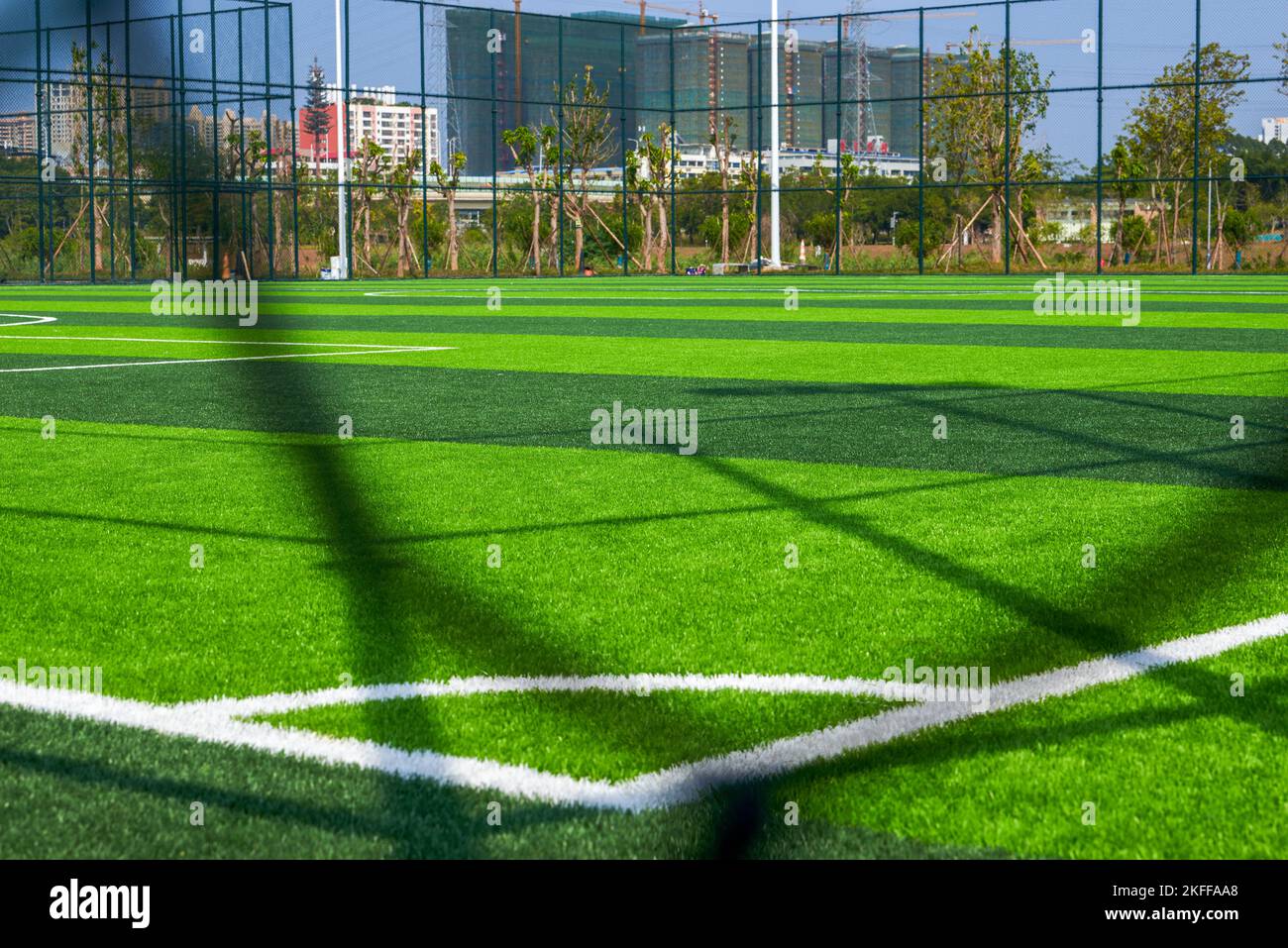 A close-up of the corner area of a brand new football stadium Stock ...