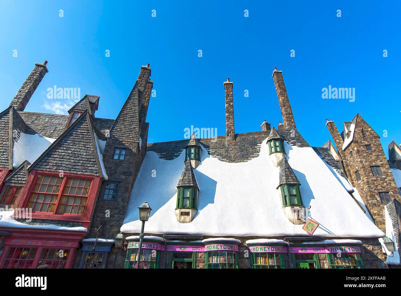 OSAKA - JAN 10: Roofs of houses covered by snow in Hogsmeade Village of ...