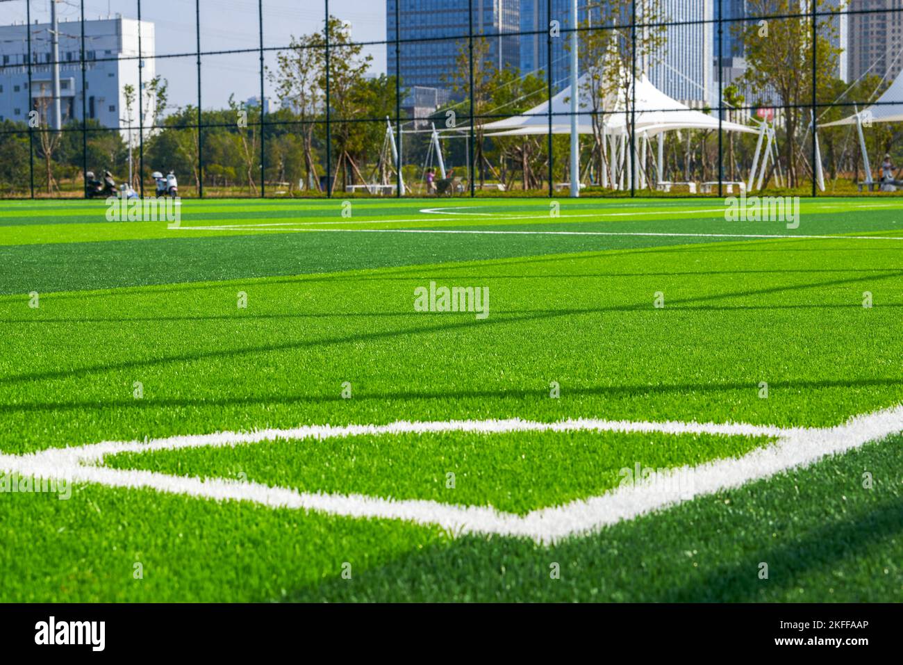 A close-up of the corner area of a brand new football stadium Stock ...