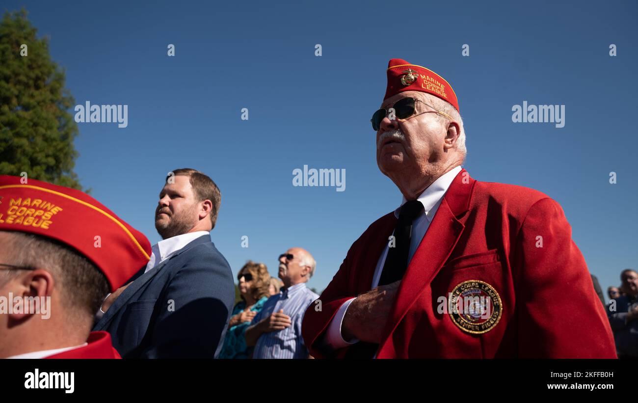 Cleve Fair, a member of the Marine Corps League, recites the Pledge of ...