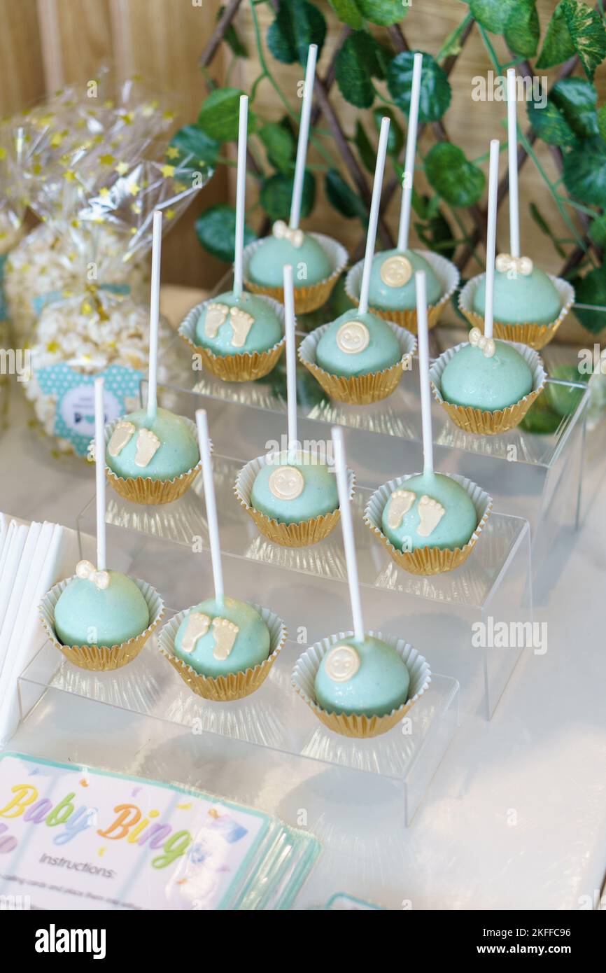 A high-angle shot of cake pops for a baby shower on the table Stock ...