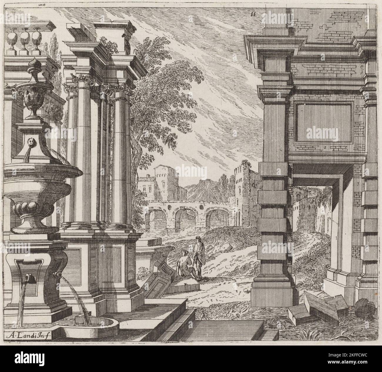 Architectural Fantasy with a Fountain, Classical Ruins, and a Bridge ...