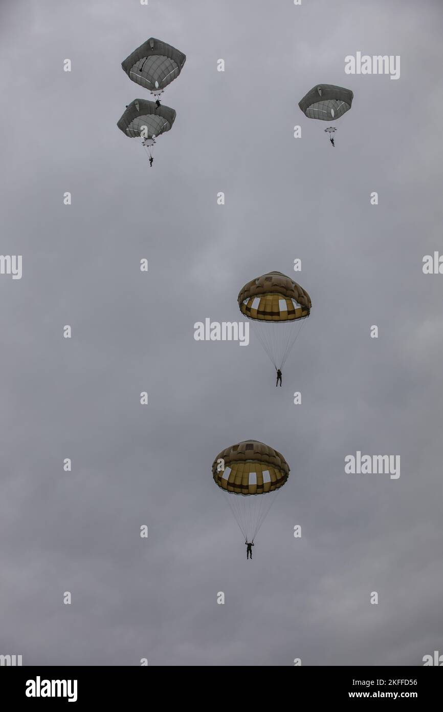 A group of U.S. Army and European Paratroopers decends to the Drop Zone ...