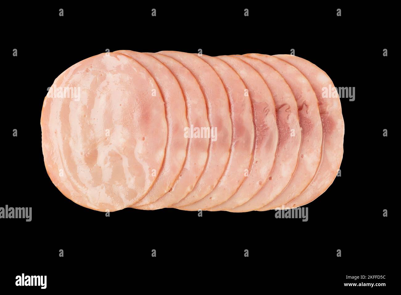 Front view of sliced smoked ham meat isolated on black background. Raw ...