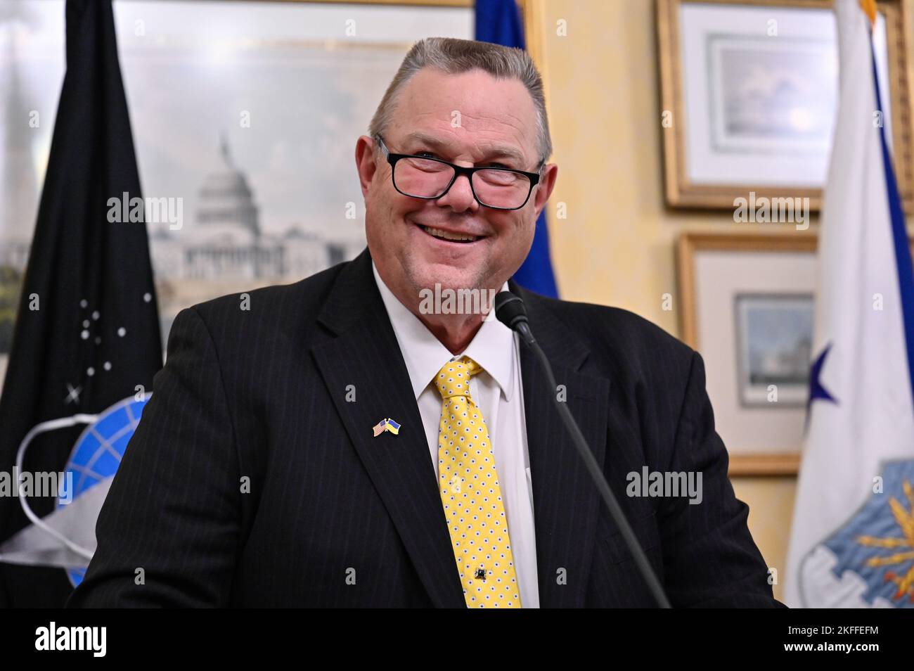 Sen. Jon Tester makes remarks during the Air Force’s 75th birthday ...