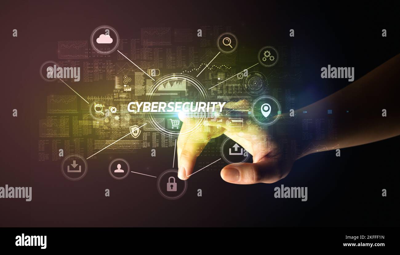 Hand touching cybersecurity button concept Stock Photo - Alamy