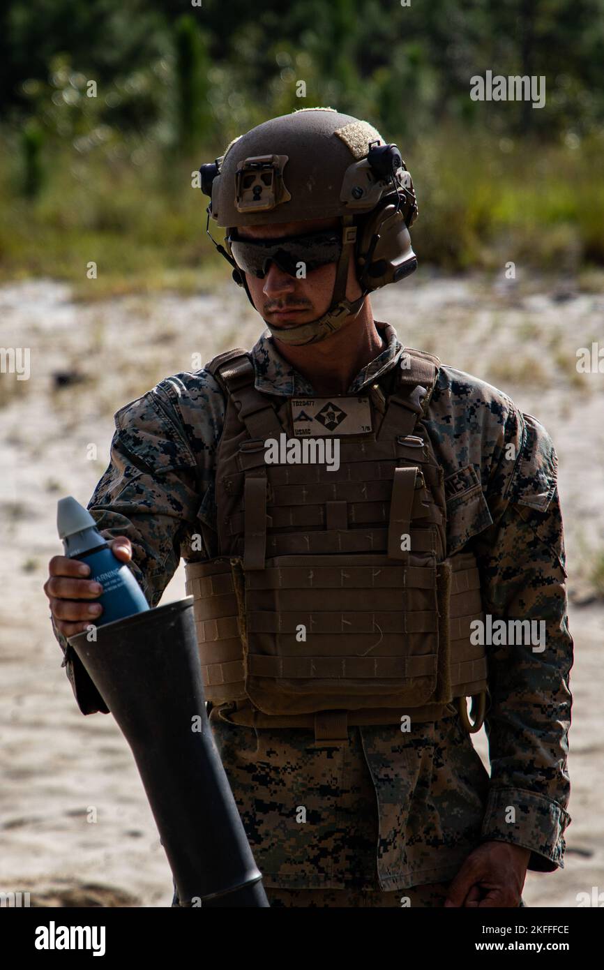 U.S. Marine Lance Cpl. Thomas Durate, a mortarman with 1st Battalion 6th Marine Regiment, 2d ...