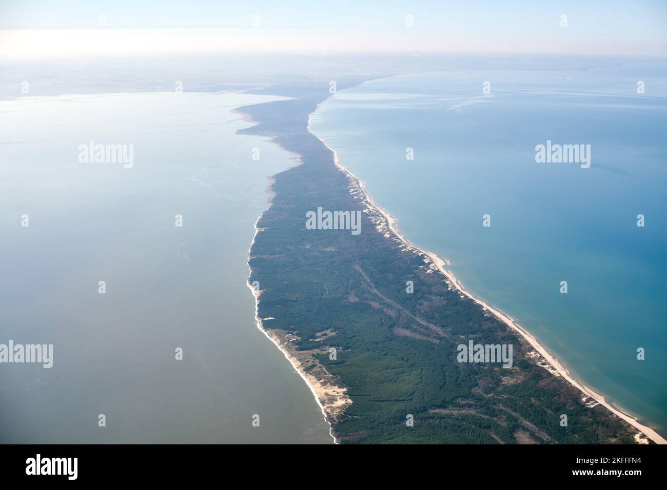 Aerial view from airplane window to Curonian spit in Kaliningrad Oblast ...