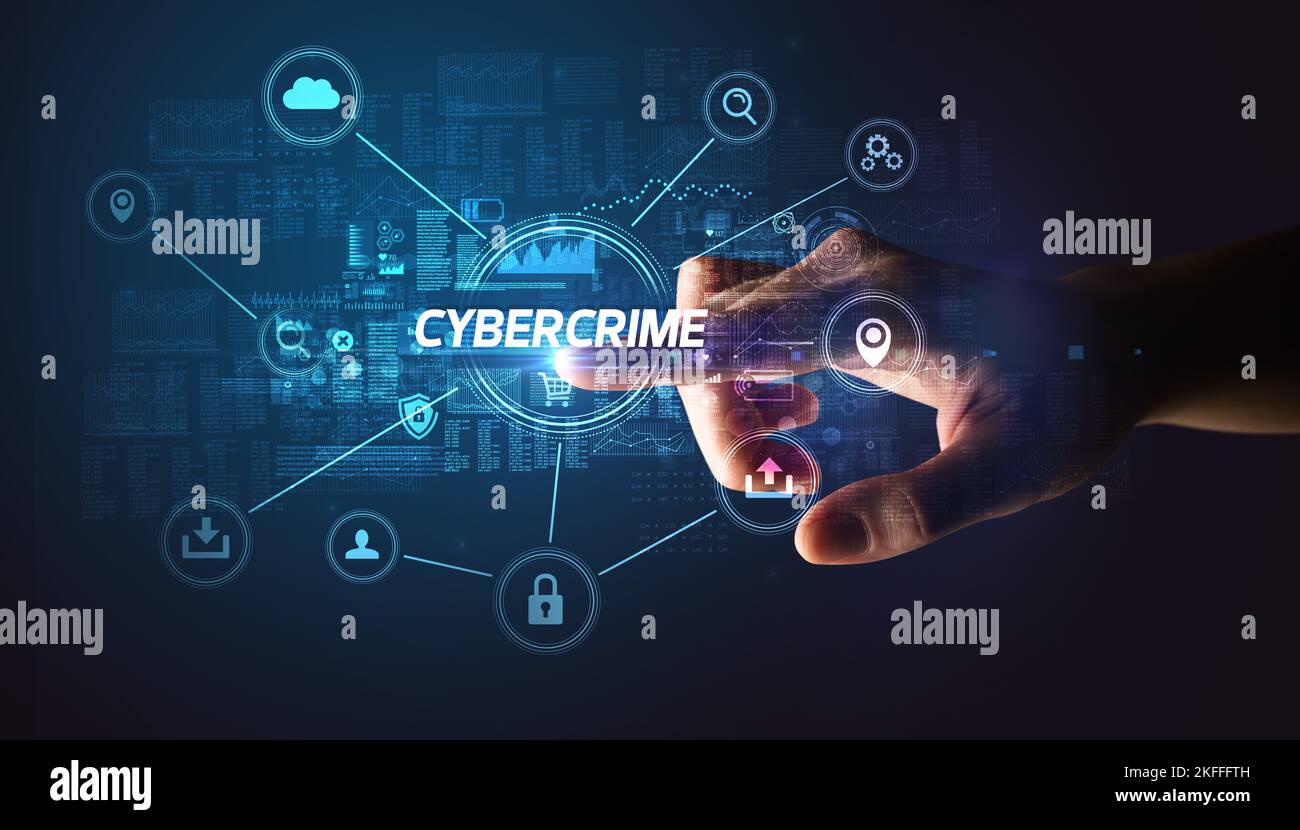 Hand touching cybersecurity button concept Stock Photo - Alamy