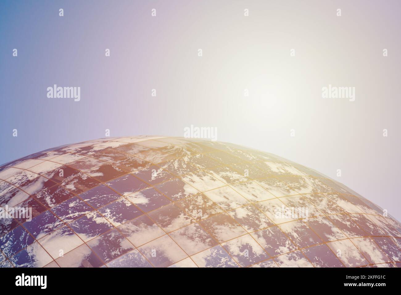 Earth planet modern building with clouds and blue sky in sunlight ...