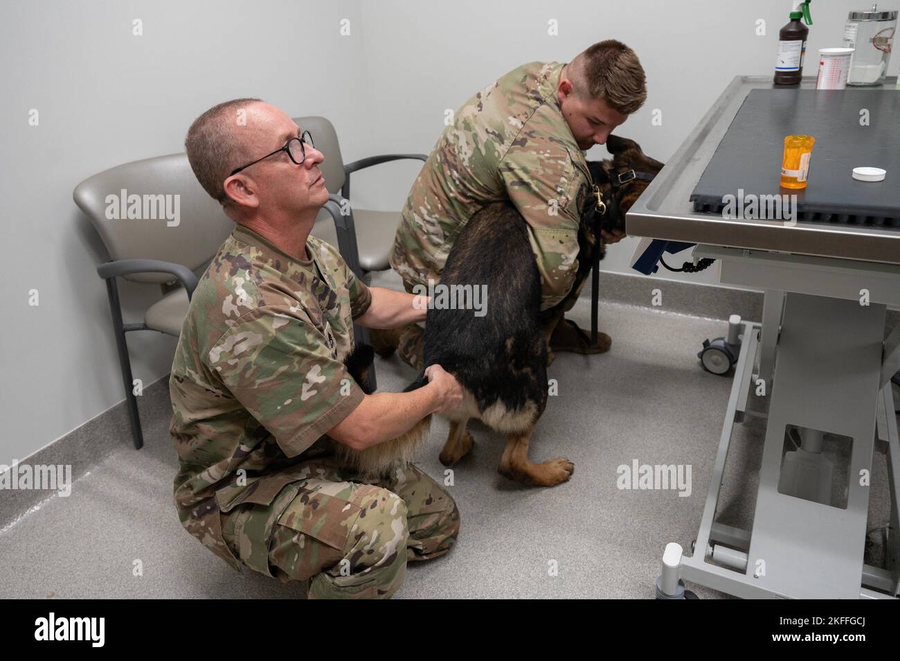 Army Sgt 1st Class Jikson Muñoz, Army Animal Care Specialist, takes the ...