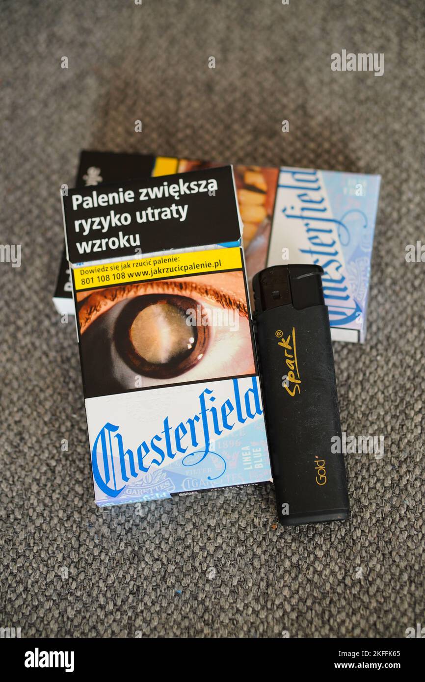 A vertical shot of Chesterfield Linea Blue brand cigarette boxes with a ...