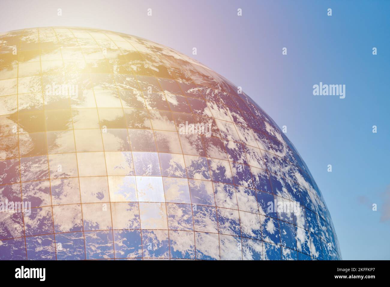 Earth planet modern building with clouds and blue sky in sunlight ...