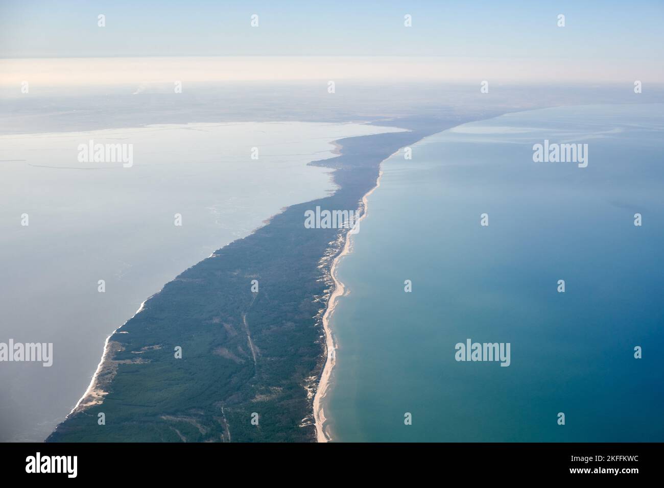 Aerial view from airplane window to Curonian spit in Kaliningrad Oblast ...
