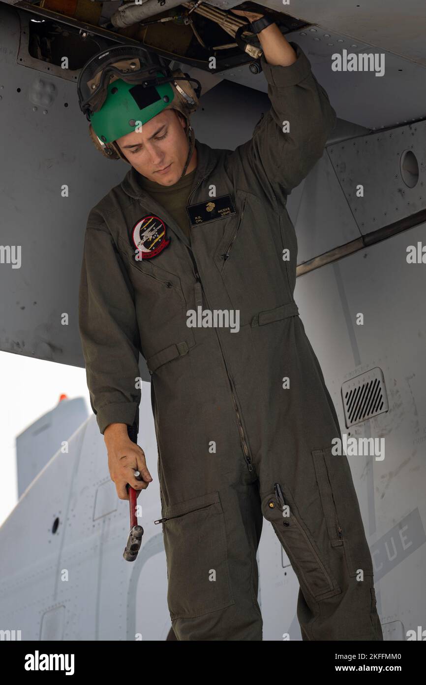 U.S. Marine Corps Cpl. Robert Meeks, MV-22B Osprey airframe mechanic ...