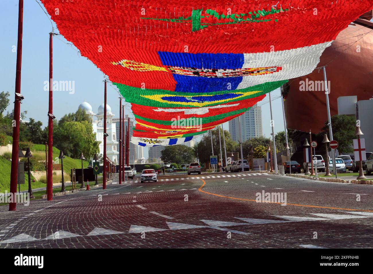 November 16, 2022 in Doha, Qatar: A canopy of giant flags from ...