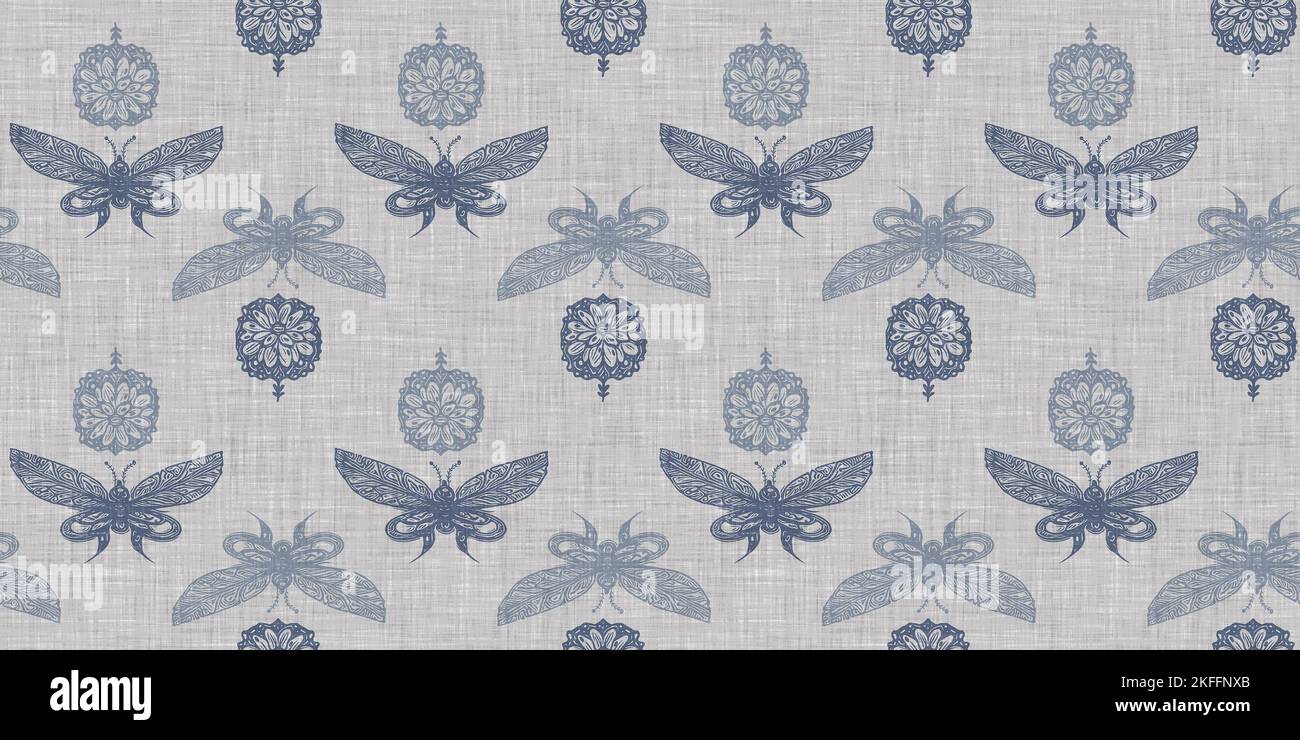 Farmhouse blue butterfly seamless border. Rustic French wildlife for ...