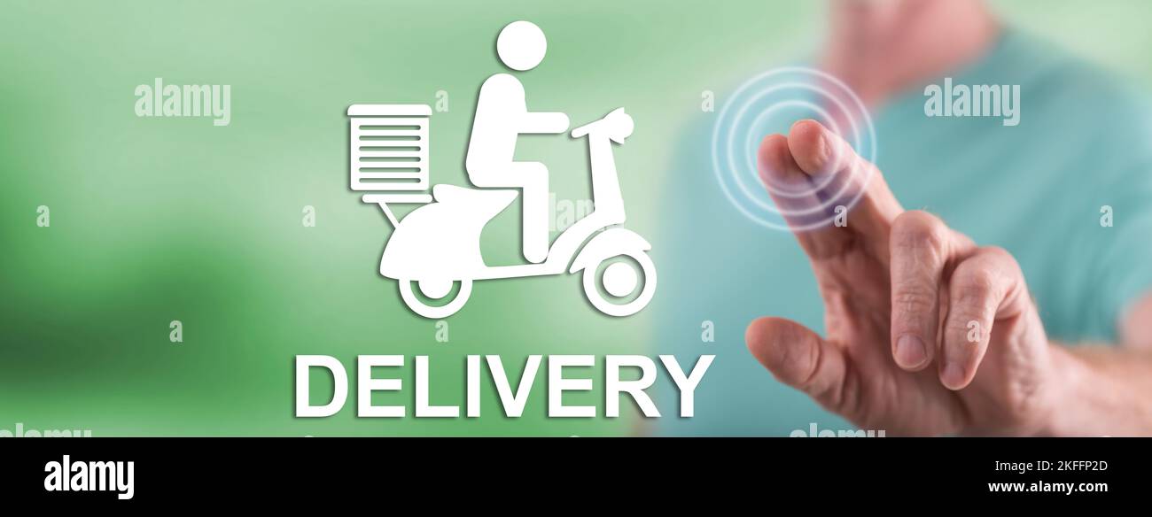 Man touching a delivery concept on a touch screen with his finger Stock ...