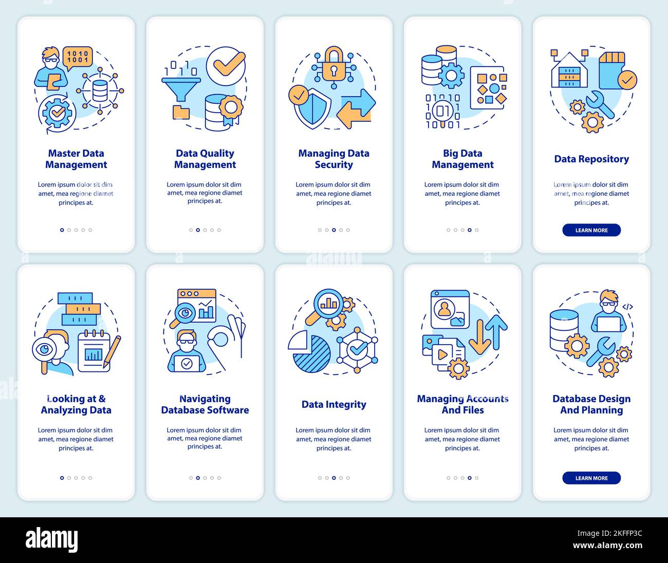 Data management process onboarding mobile app screen set Stock Vector ...